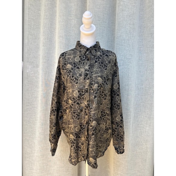 Tops | Metro Express Abstract Faces Print Black Silk Blouse | Poshmark
